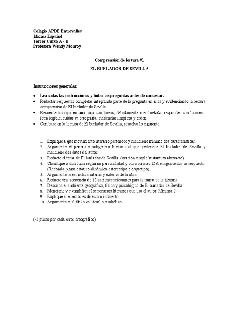 Comprensión de Lectura El Burlador de Sevilla | PDF