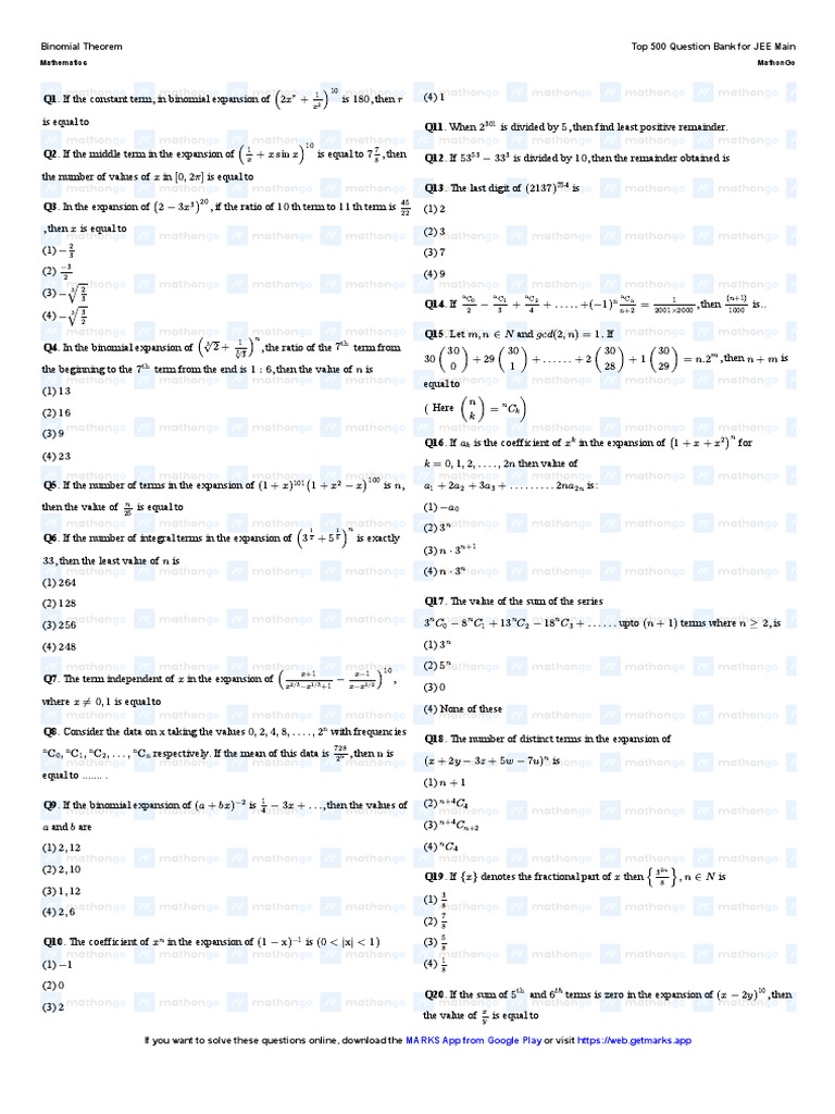 Binomial Theorem Top 500 Question Bank For Jee Main: Mathematics ...
