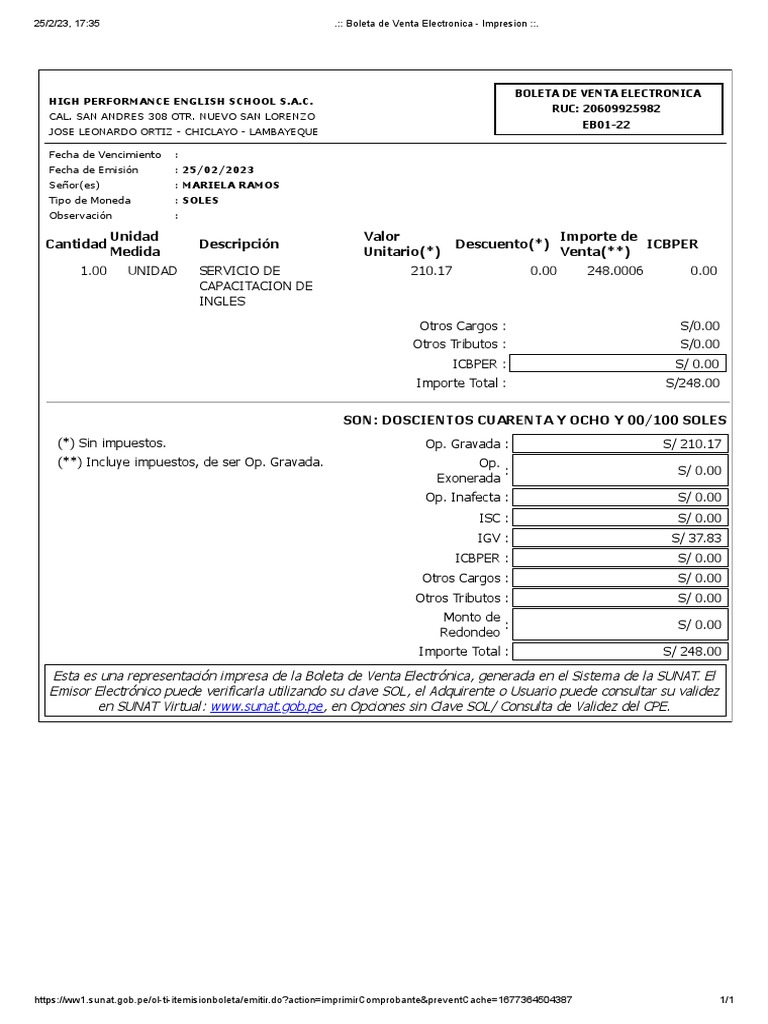 Boleta de Venta Electronica - Impresion | PDF
