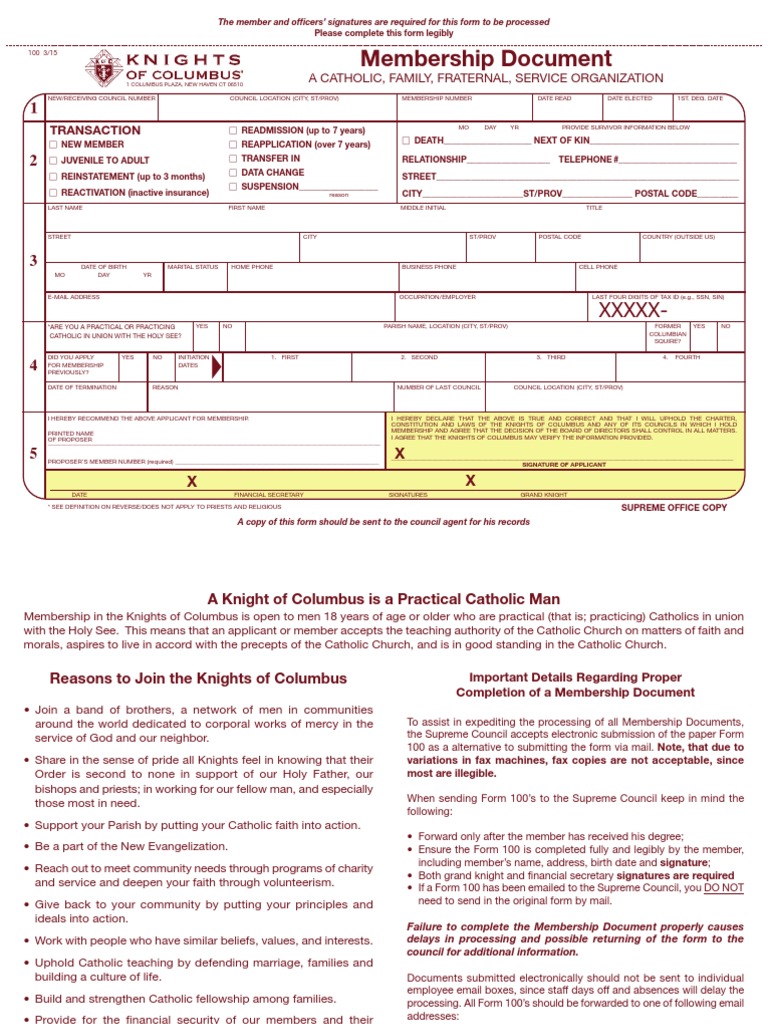 Knights of Columbus Membership Form 100 | PDF | Catholic Church | Faith