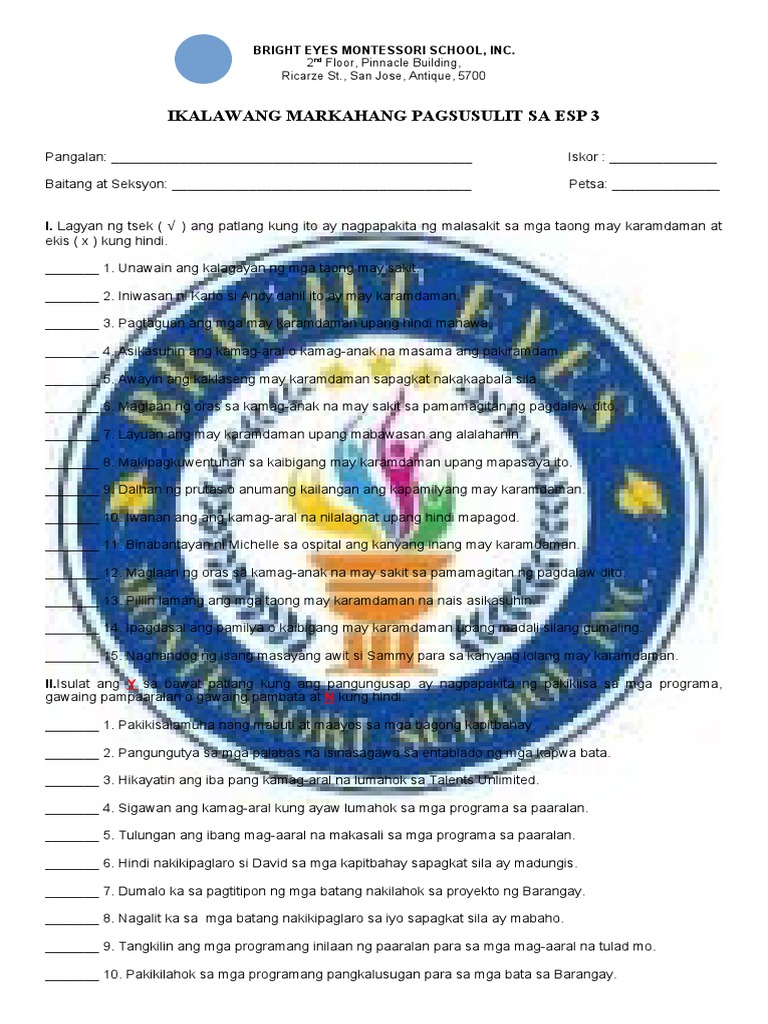 Ikalawang Markahang Pagsusulit Sa Esp 3: I. Lagyan NG Tsek ( | PDF