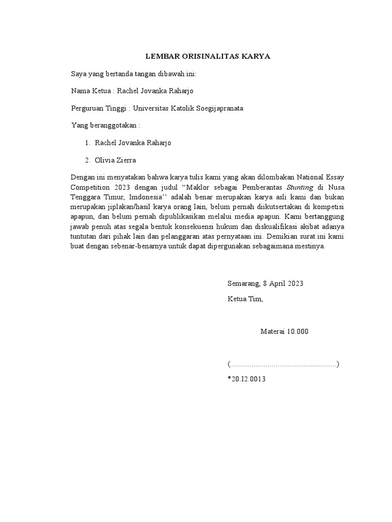 Lembar Pernyataan Orisinalitas Karya 1 Pdf - Riset
