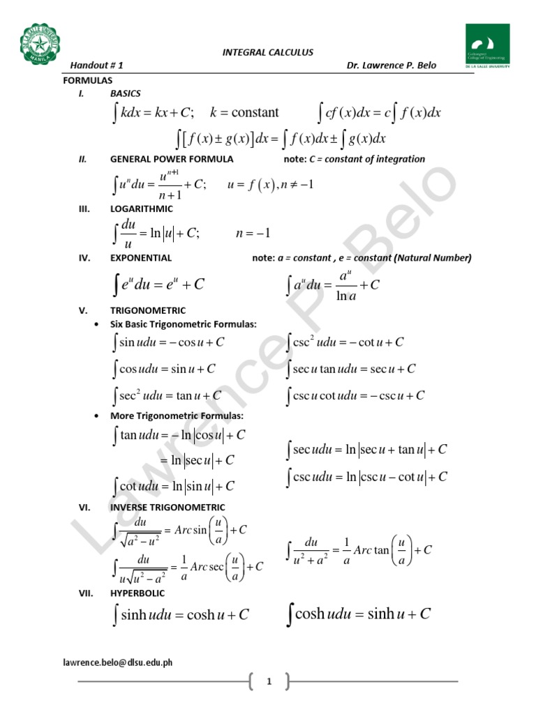 Handout # 1. Basic Integration Formulas | PDF | Trigonometric Functions | Derivative