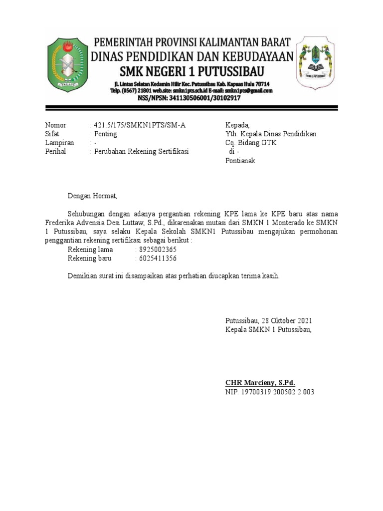 Surat Permohonan Penggantian Rek Sertifikasi | PDF