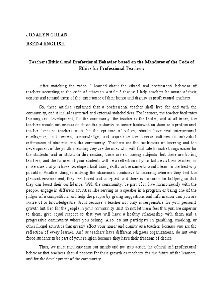 JONALYN GULAN Code of Ethics Reflection | PDF | Teachers | Learning