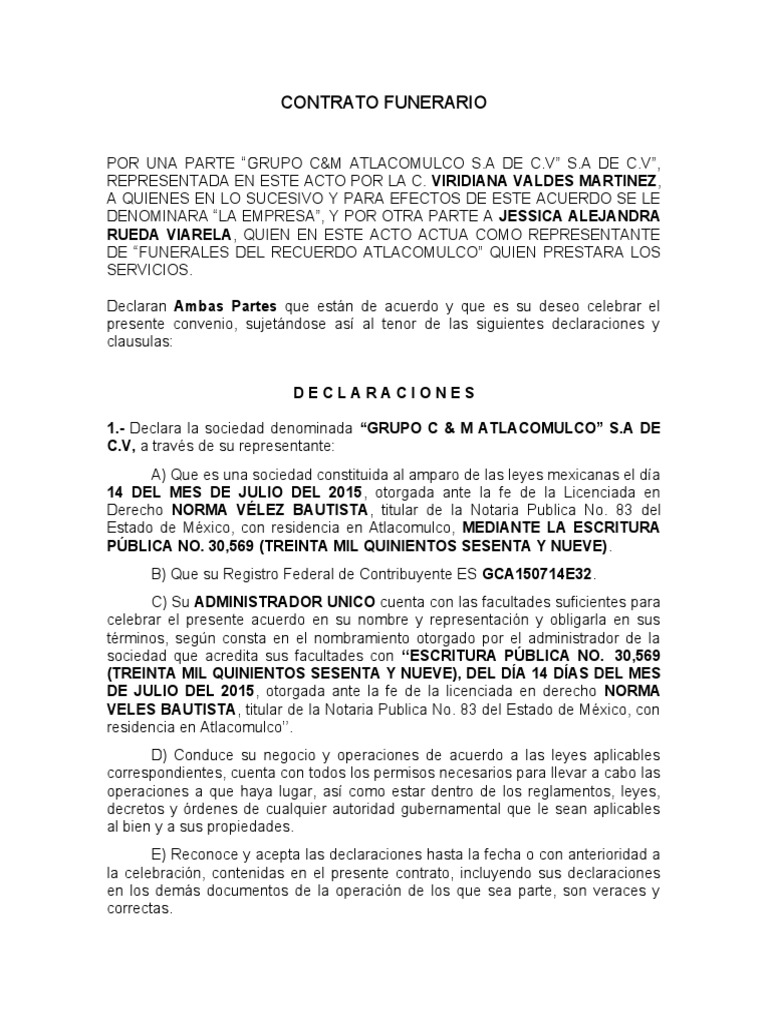 Contrato de Servicios Funerarios Atlacomulco | PDF | Casa funeraria ...