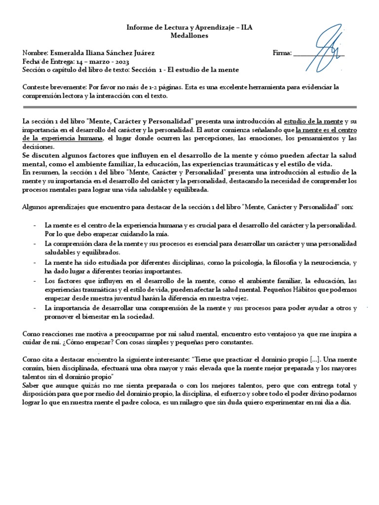 Informe de Lectura y Aprendizaje - Seccion 1 | PDF | Mente | Experiencia
