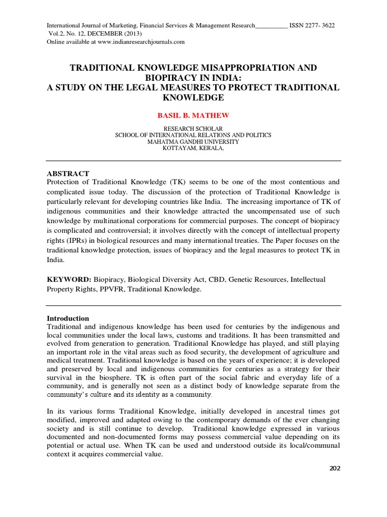 Traditional Knowledge Misappropriation and Biopiracy in India: A Study On The Legal Measures To ...