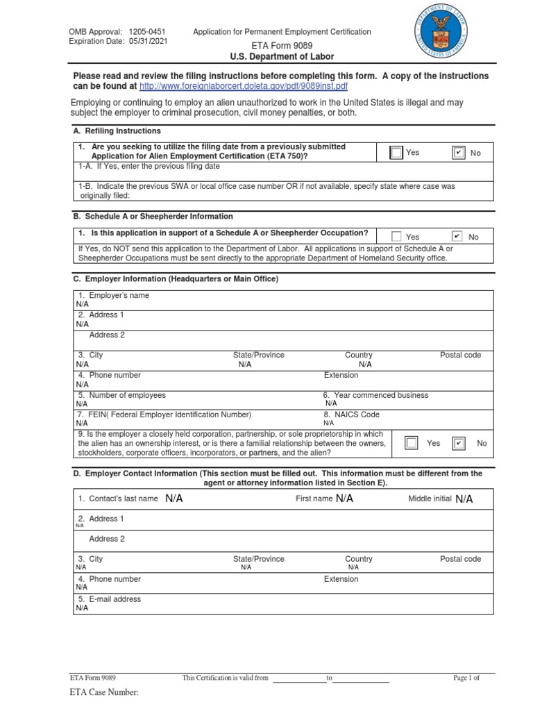 OMB Approval: 1205-0451 Application for Permanent Employment ...