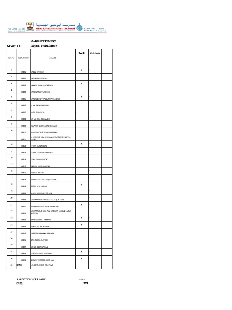 Grade: 9 C Book: Mark Statement Subject: Social Science | PDF