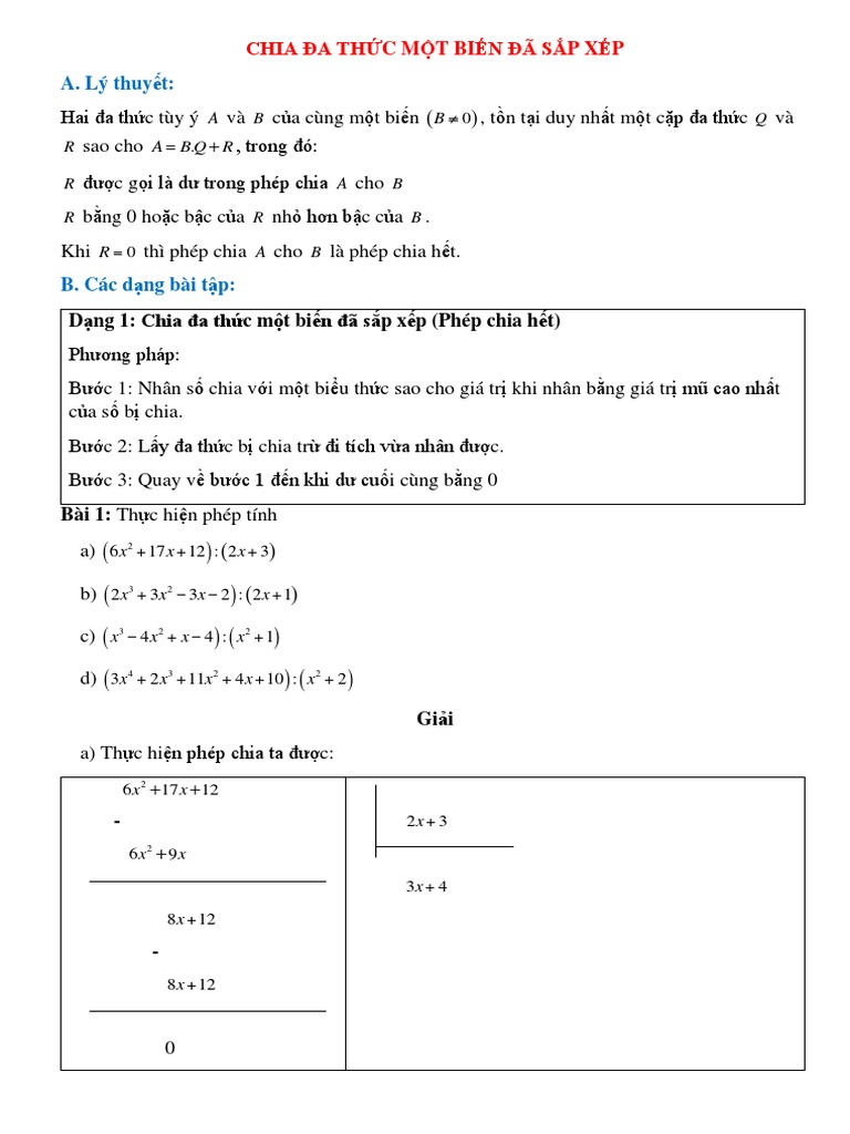 50 Bai Tap Chia Da Thuc Mot Bien Da Sap Xep Co Dap An Toan 8 | PDF