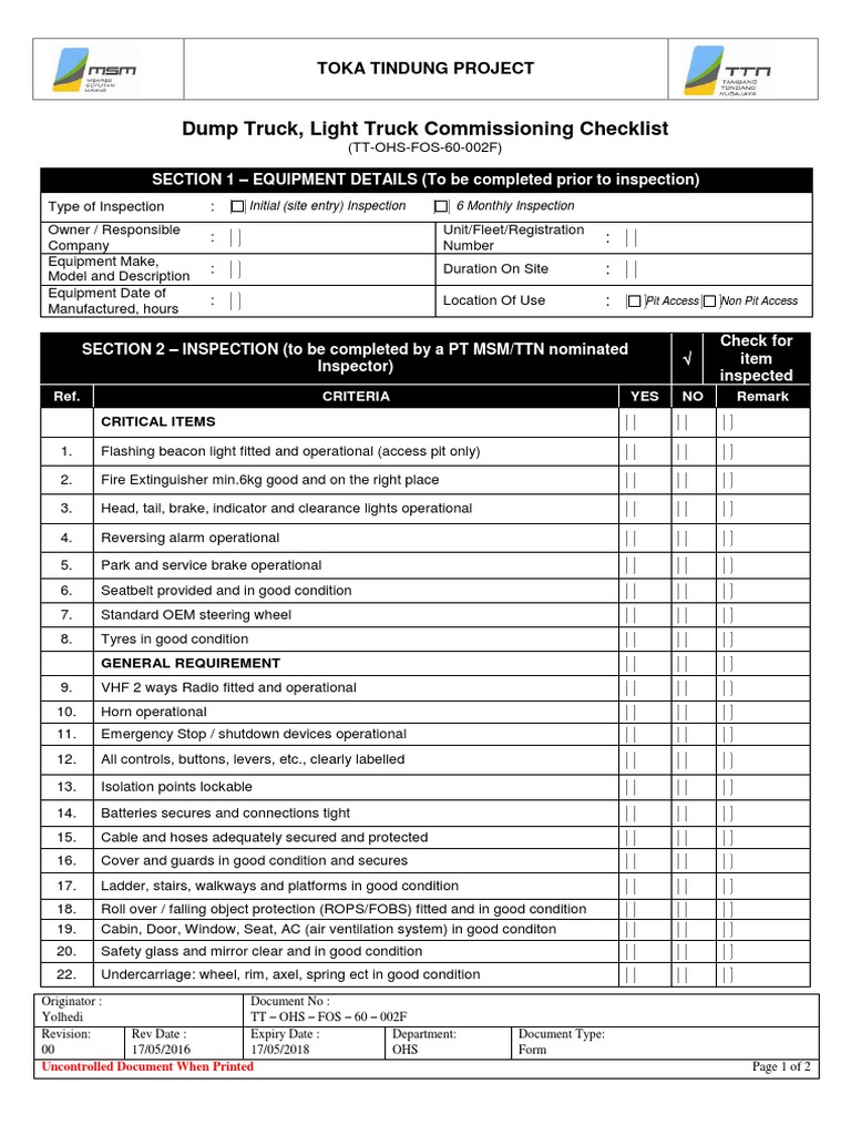 Dump Truck, Light Truck Commissioning Checklist: Toka Tindung Project ...