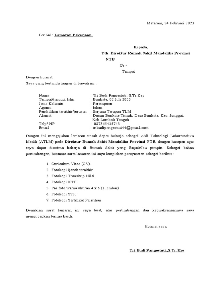 Surat Lamaran ATLM Rumah Sakit Mandalika | PDF | Pengembangan Diri