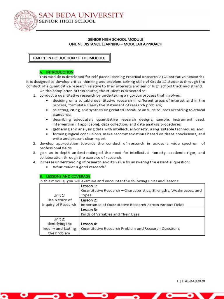 PR2 MODULE (1st QTR) STUDENT | PDF | Quantitative Research | Statistics