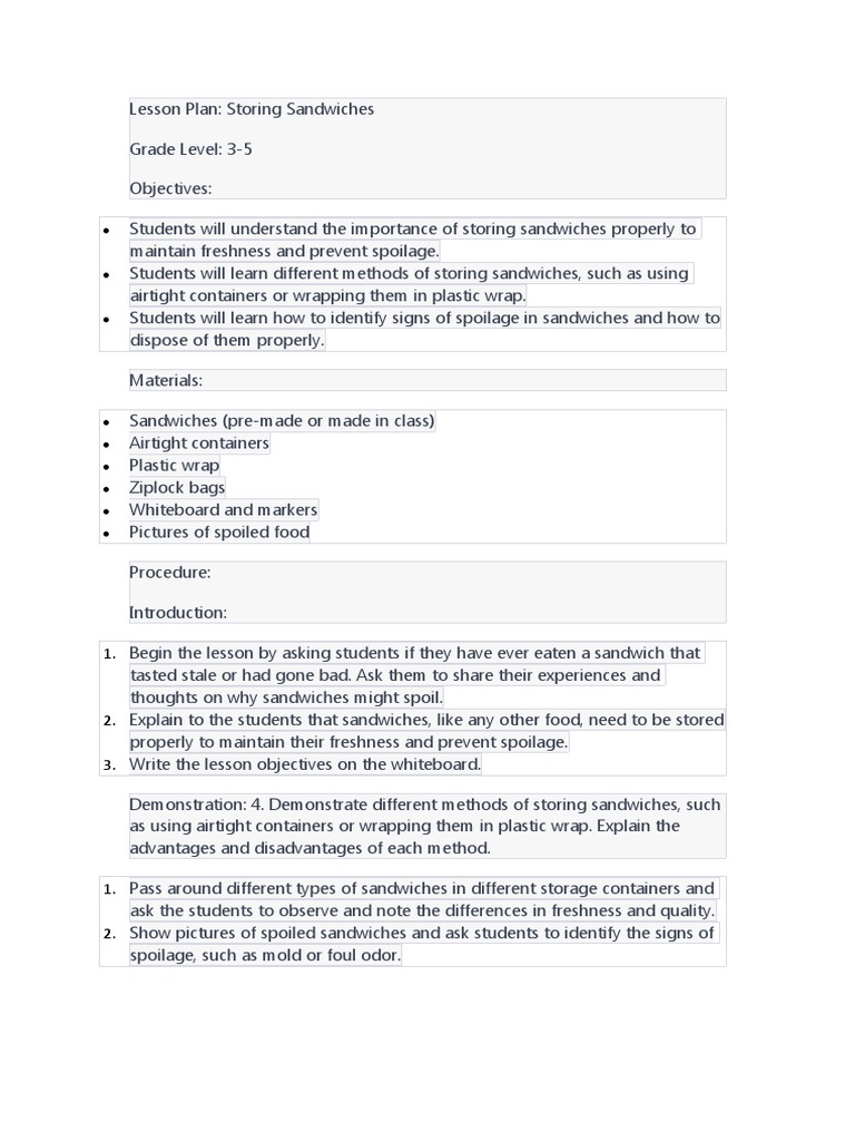 Lesson Plan | PDF | Sandwich | Food Safety
