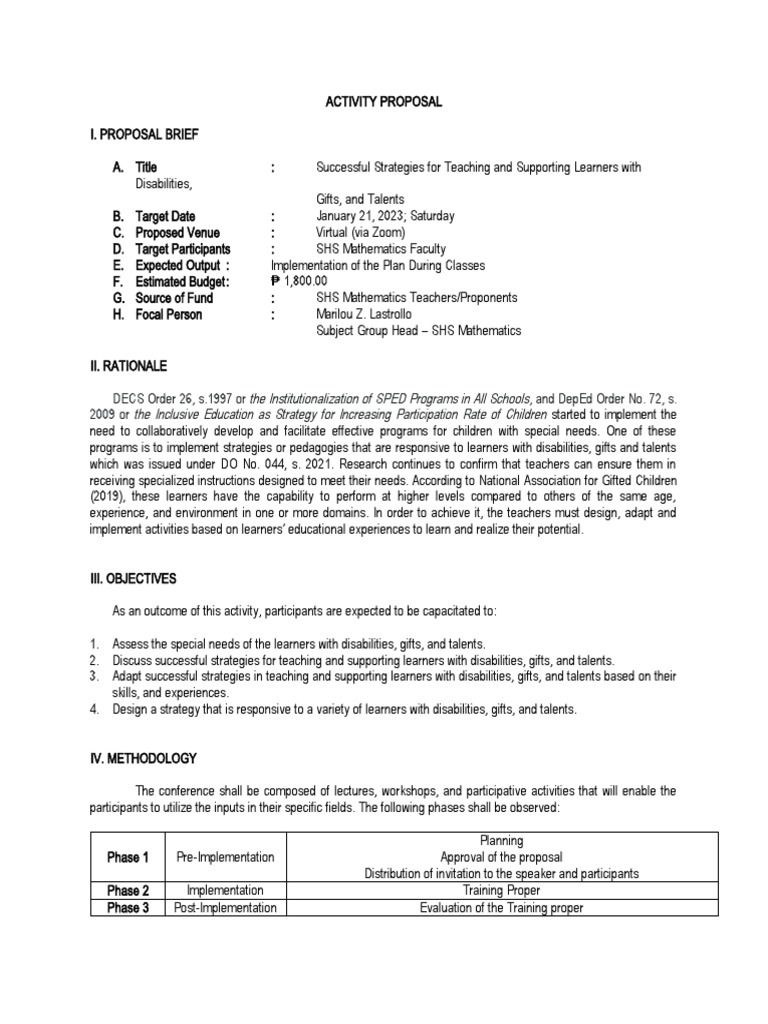 ACTIVITY-PROPOSAL.Sample | PDF | Learning | Teachers