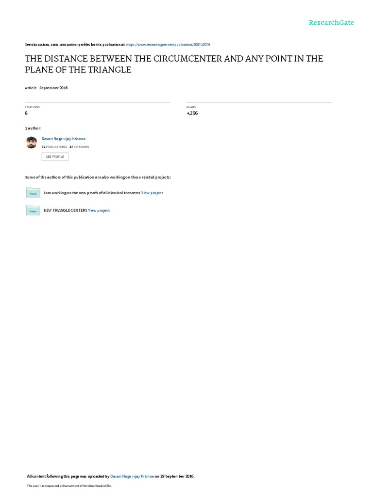 The Distance Between The Circumcenter and Any Point in The Plane of The ...