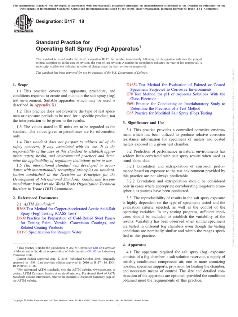 Astm B117 - 2018 | PDF | Sodium Chloride | Ph