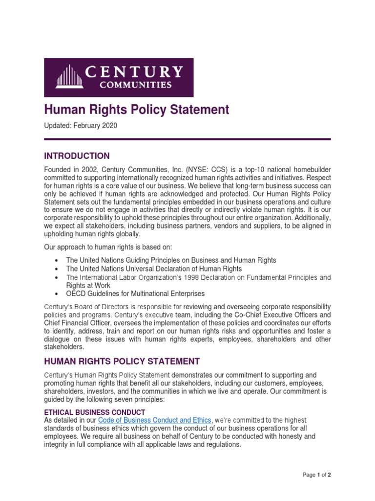 Human Rights Policy Statement | PDF | Corporate Social Responsibility ...