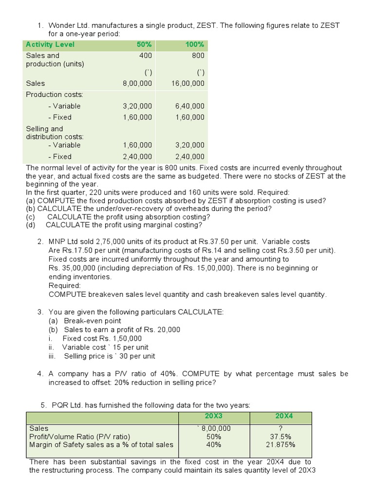 Marginal Costing Sums | PDF | Business | Finance & Money Management