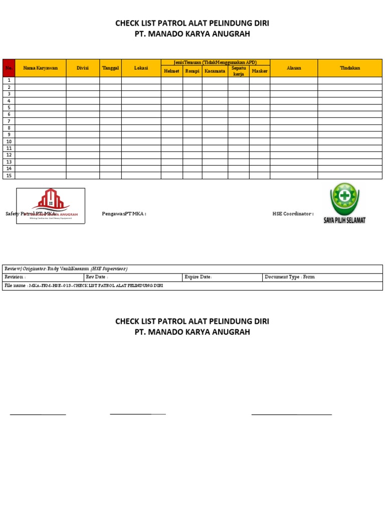 Check List Patrol Alat Pelindung Diri | PDF