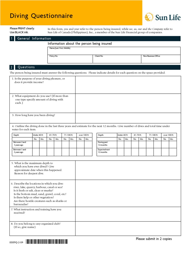Diving Questionnaire: Information About The Person Being Insured | PDF ...