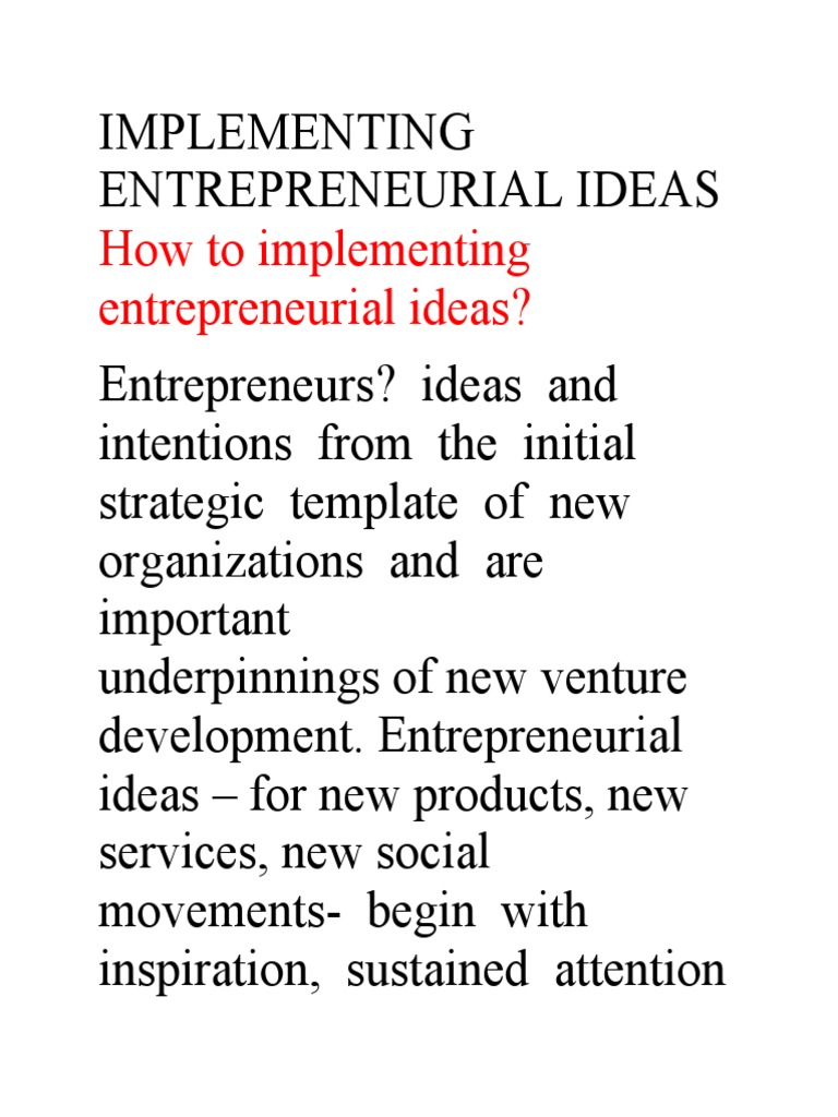 Implementing Entrepreneurial Ideas: A Framework for Understanding the ...