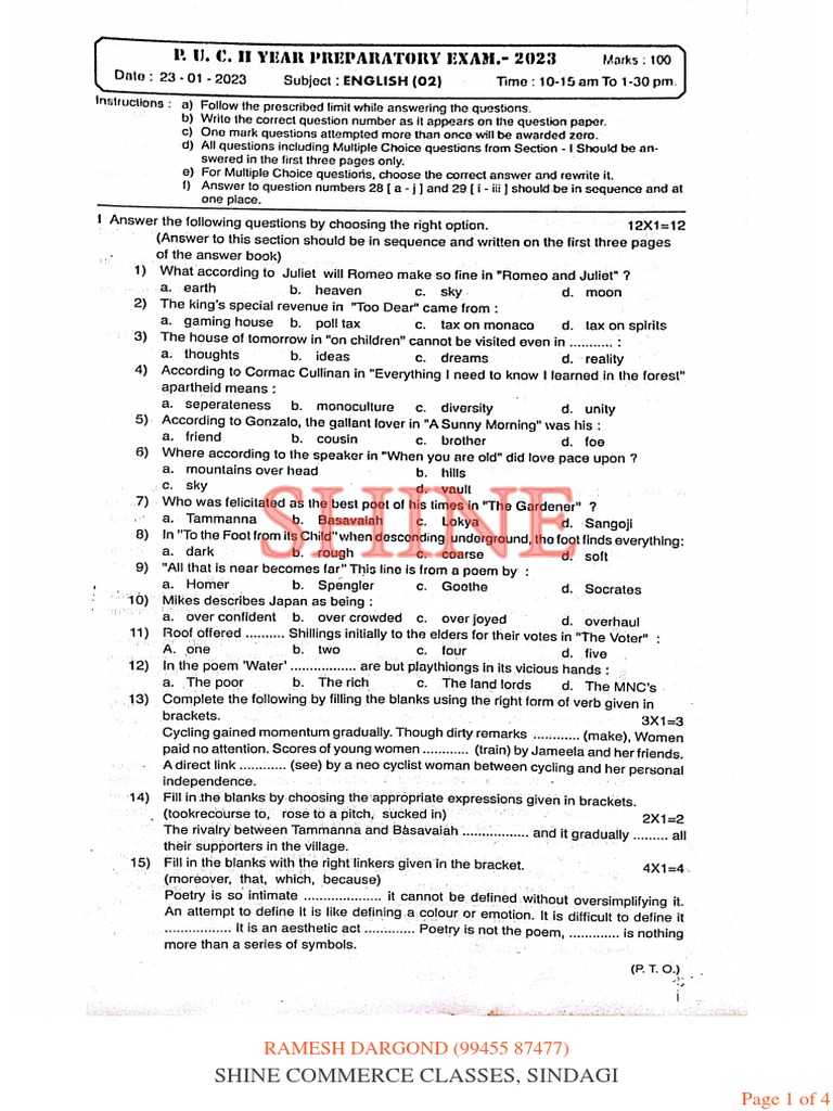 2nd Puc English Question Paper Preparatory Dharwad | PDF