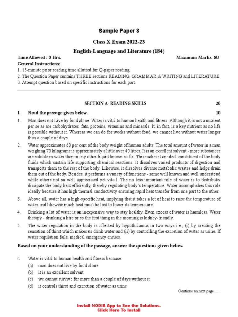 CBSE Class X English Sample Paper 8 | PDF | Water | Nutrients