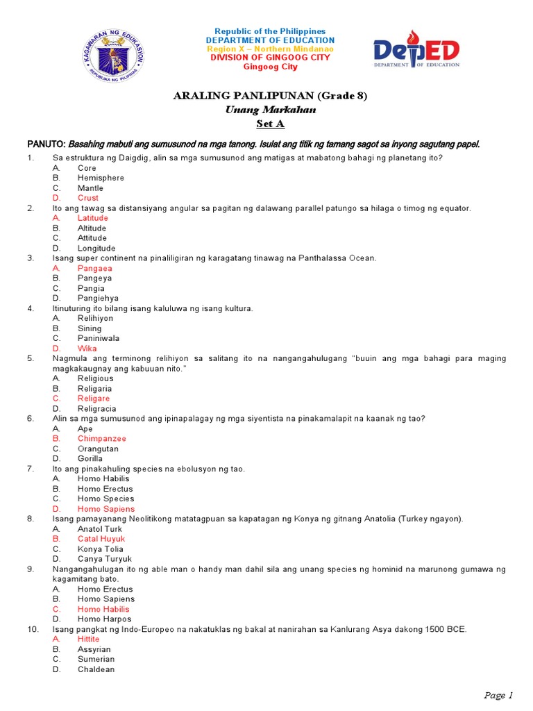 S.Y. 2018-2019 - AP 8 - 1st Grading (Set A) | PDF