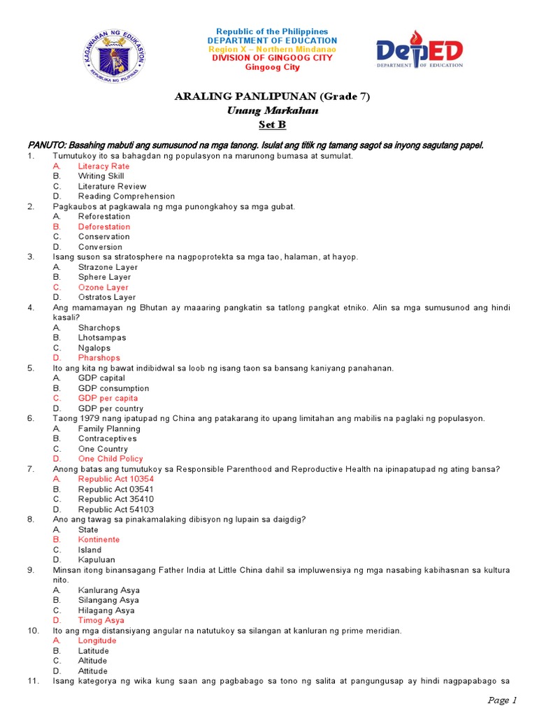 S.Y. 2018-2019 - AP 7 - 1st Grading (Set B) | PDF