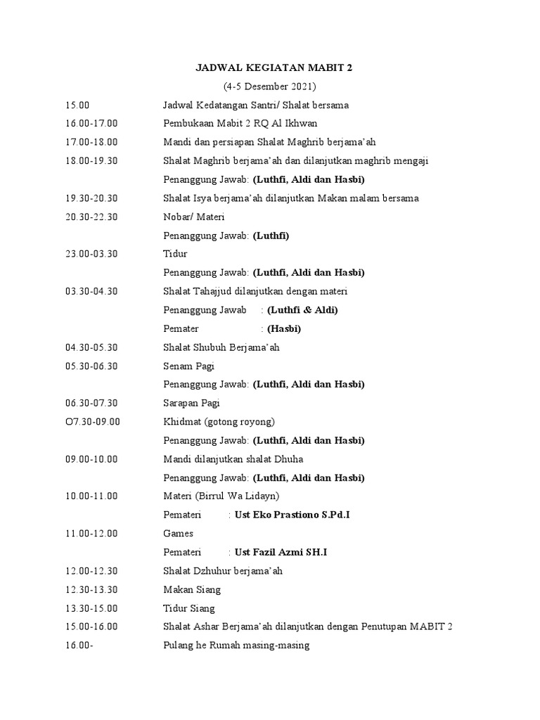 Jadwal Kegiatan Mabit 2 | PDF