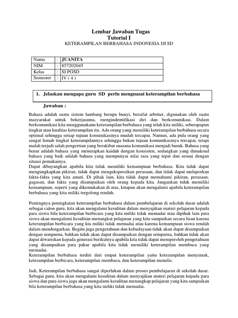 Juanita (857202045) Tugas Keterampilan Berbahasa Indonesia SD Tutorial 1 | PDF | Seni & Disiplin ...