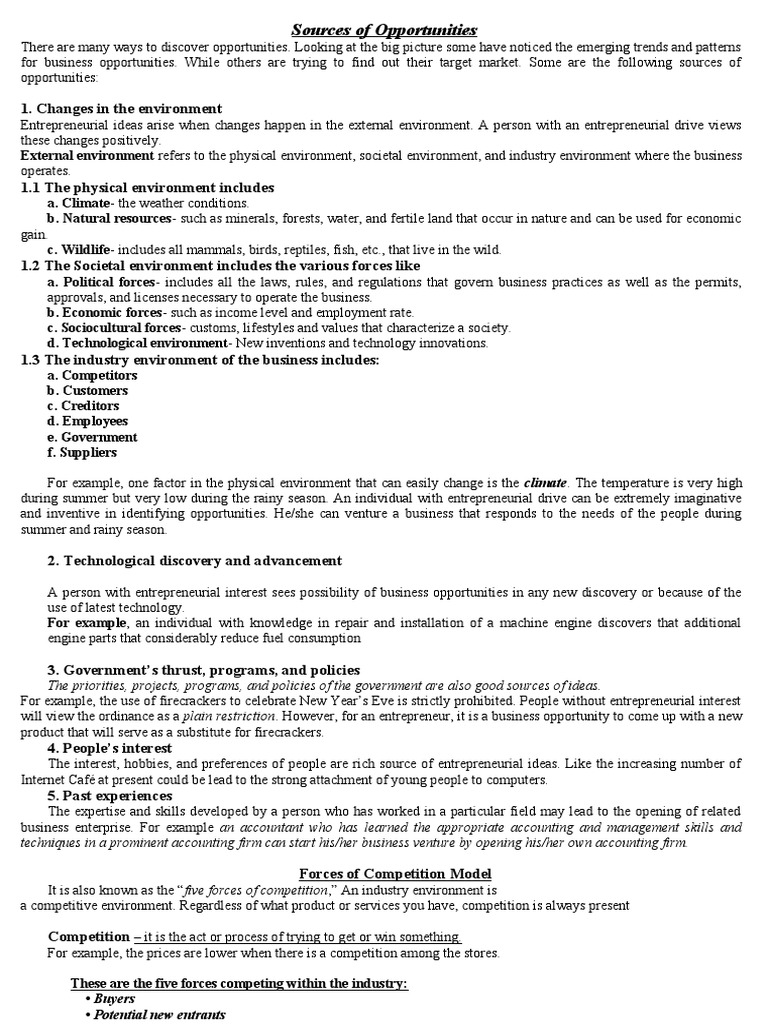 Sources of Opportunities Hand Out | PDF | Entrepreneurship | Natural ...