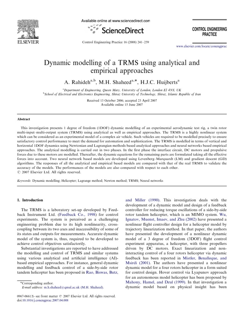 Dynamic Modelling of A TRMS Using Analytical and Emperical | PDF ...