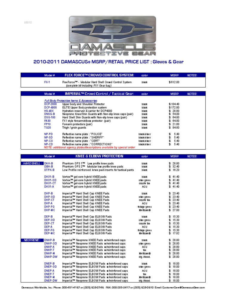 Central Equipment 2010 2011 Damascus MSRP Price List | PDF | Glove