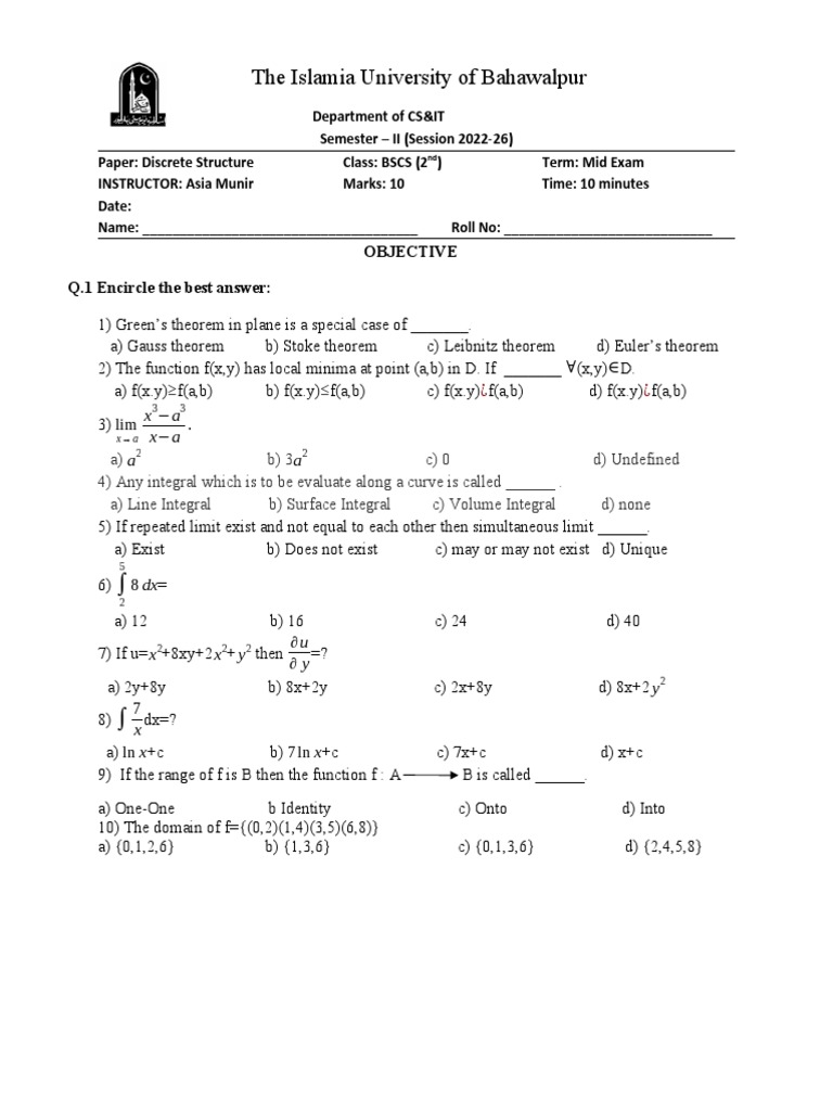 Mid Term Objective Multivariable Calculas (BSCS - 2nd (M) ) | PDF | Teaching Methods & Materials ...
