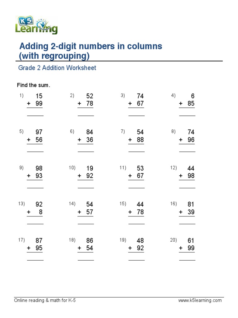 Adding 2-Digit Numbers in Columns (With Regrouping) : Grade 2 Addition ...