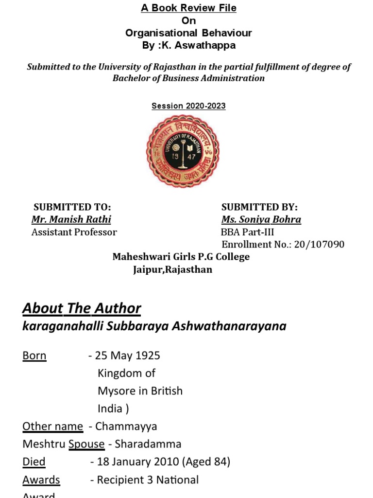 Submitted To The University of Rajasthan in The Partial Fulfillment of ...