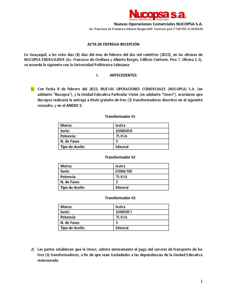 Acta de Entrega y Recepcion | PDF