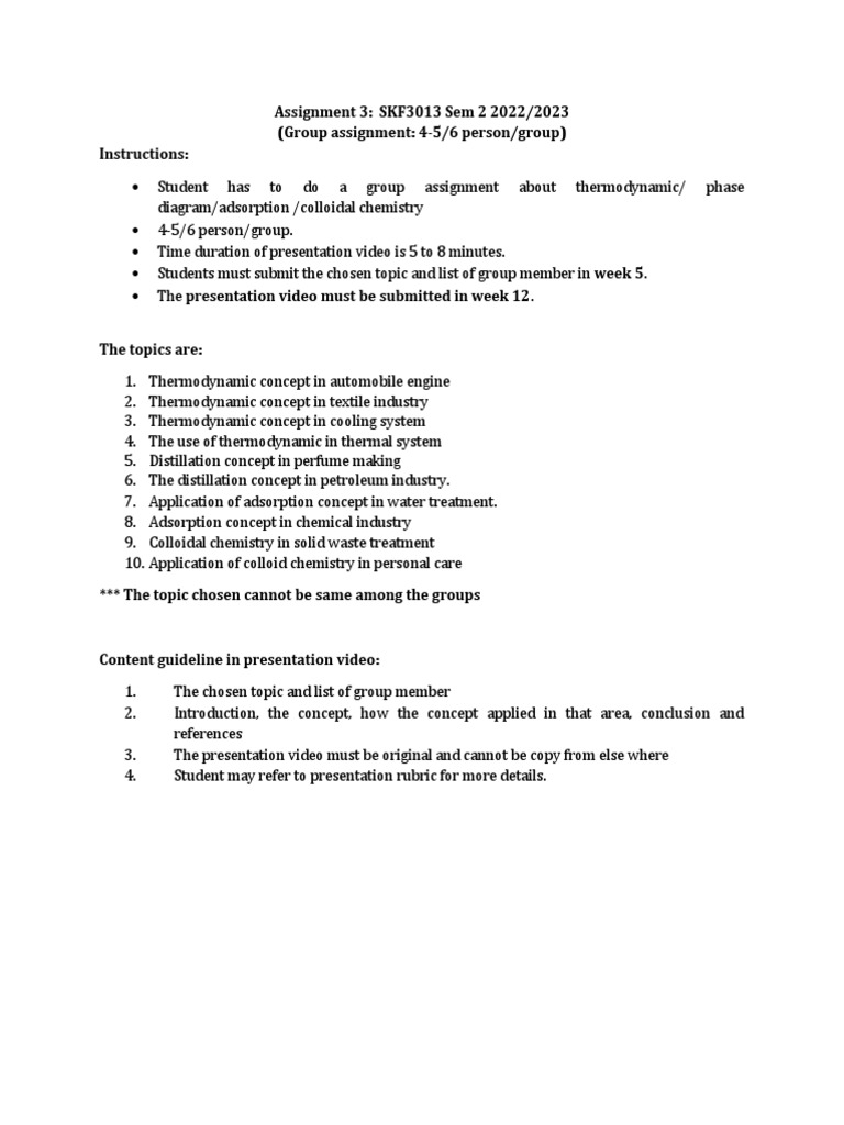 Group Assignments in Thermodynamics, Phase Diagrams, Adsorption and Colloidal Chemistry ...