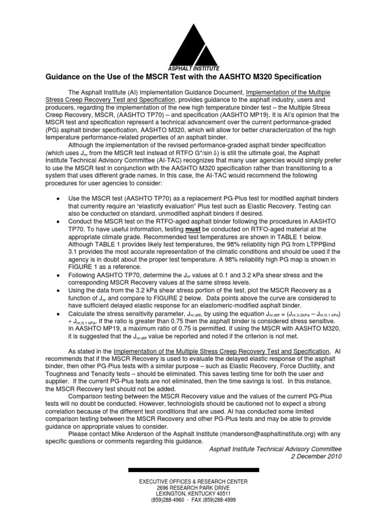 Asphalt Institutes Guidance Document On Using MSCR With AASHTO M320 ...