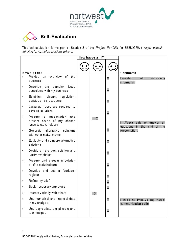 BSBCRT611 Self-Evaluation | PDF