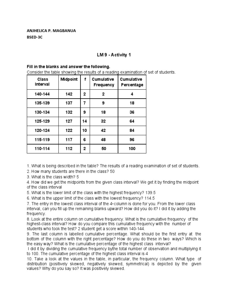 LM 9 Activity 1,2, and 3 | PDF | Mode (Statistics) | Skewness