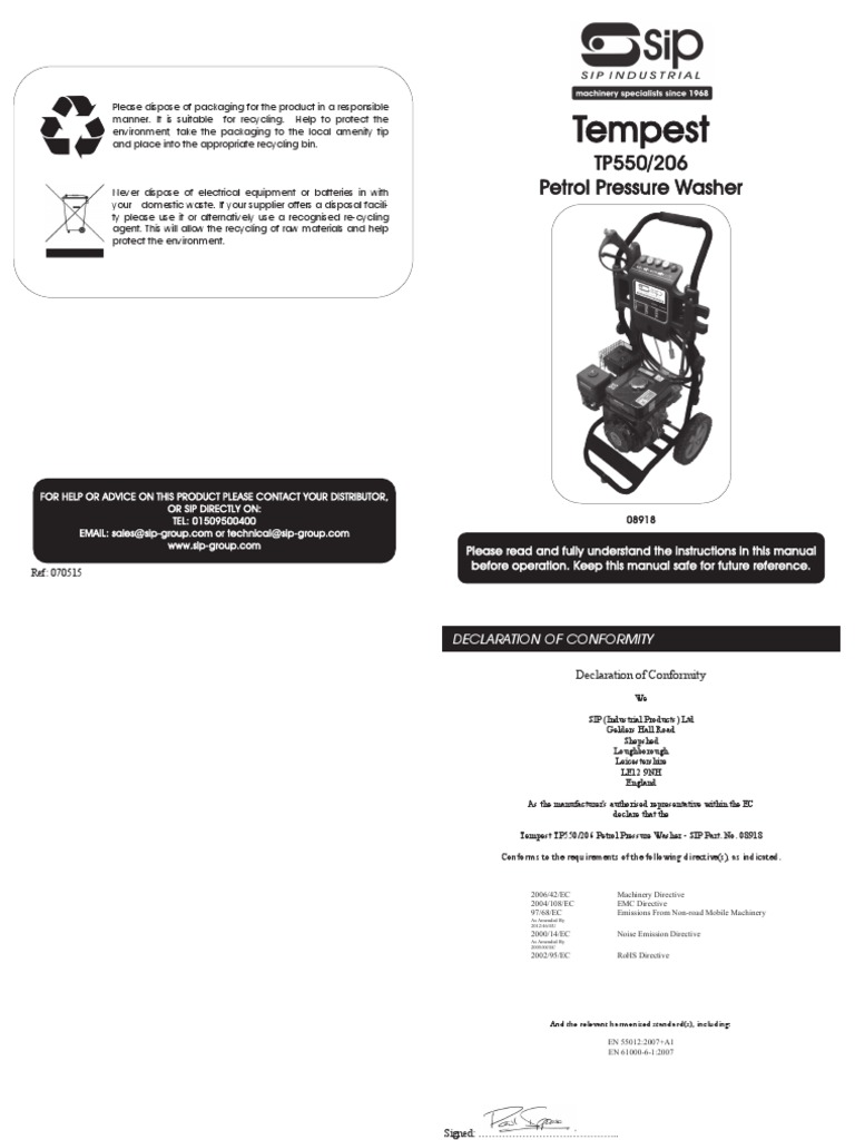 SIP TP550 - 206 Pressure Washer | PDF | Valve | Pump