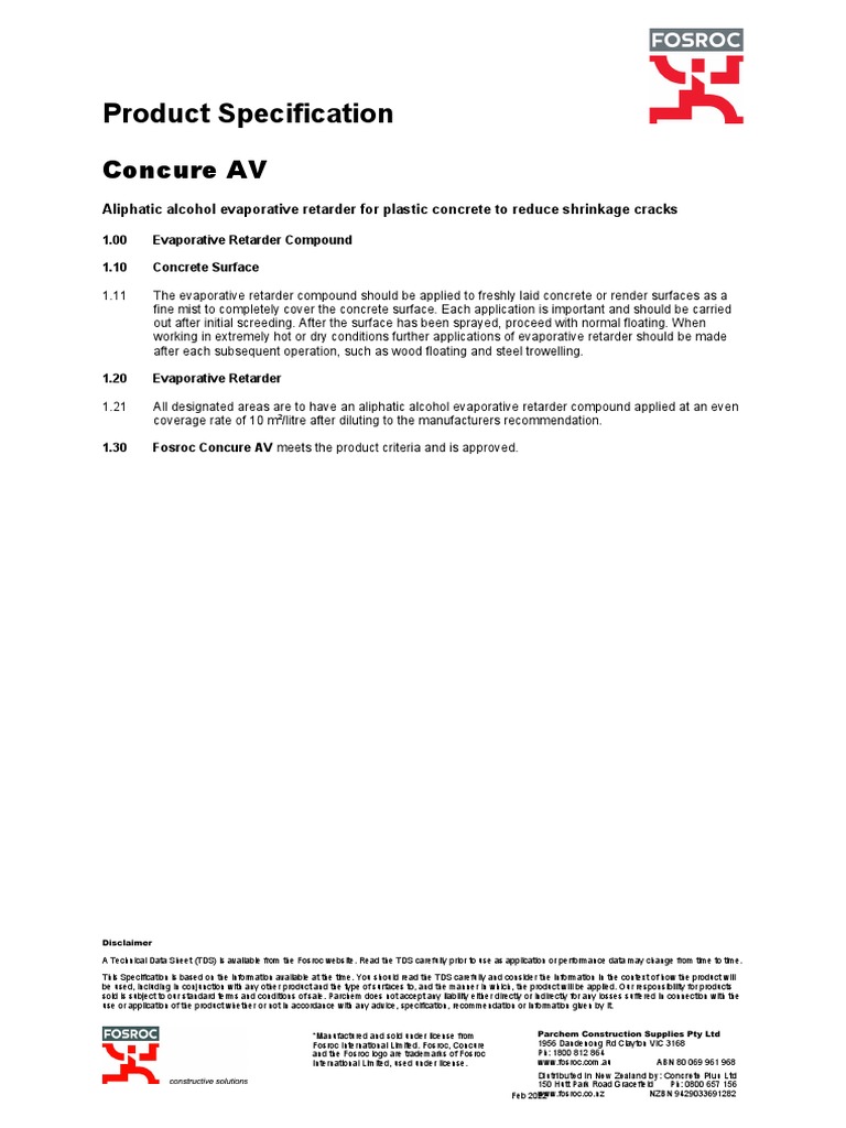 Fosroc Concure AV Spec | PDF | Concrete | Materials