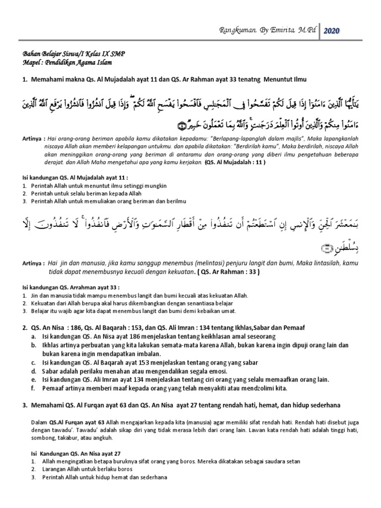 Rangkuman PAI Kls 9 | PDF | Kajian Bahasa Asing | Agama & Spiritualitas