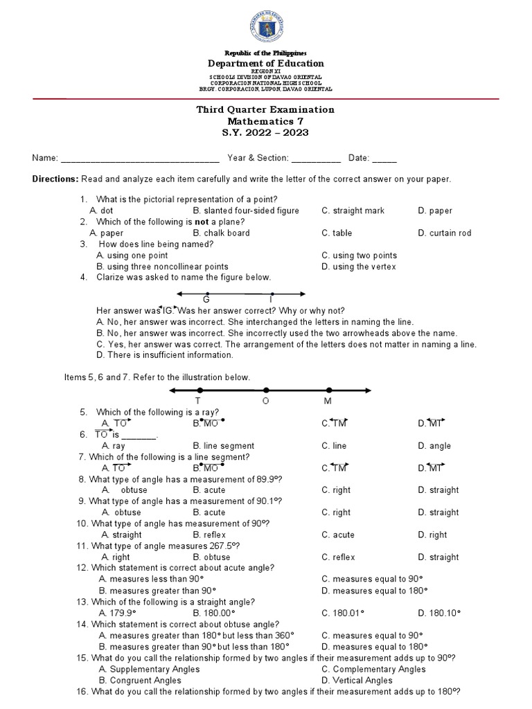 Math 7 - Third Quarter Periodical Exam | PDF | Perpendicular | Angle