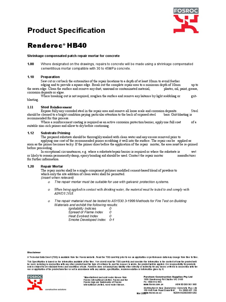 Fosroc Renderoc HB40 Spec | PDF | Corrosion | Concrete