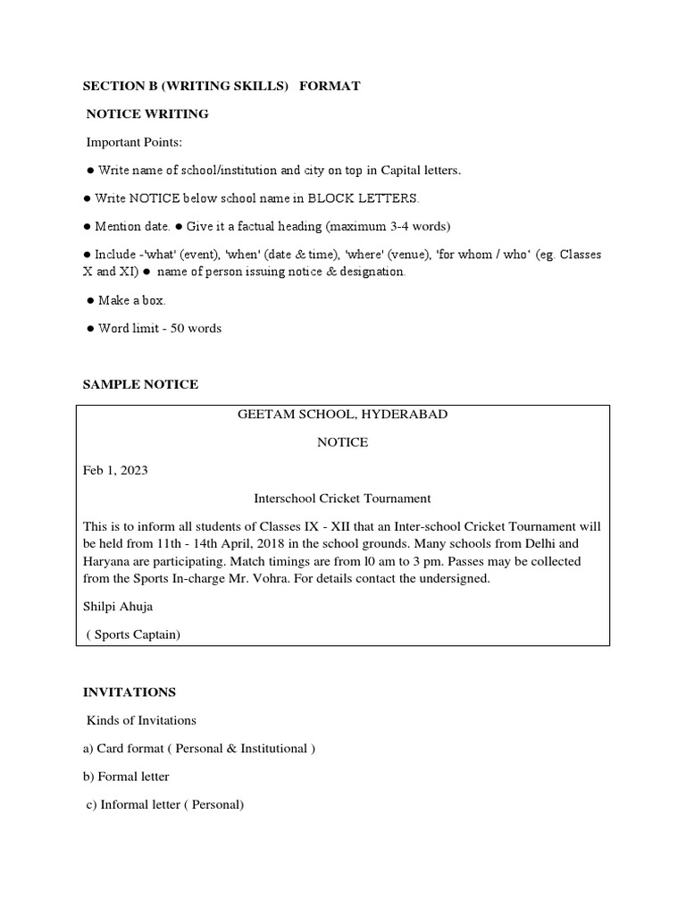 Section B (Writing Skills) Format Notice Writing | PDF